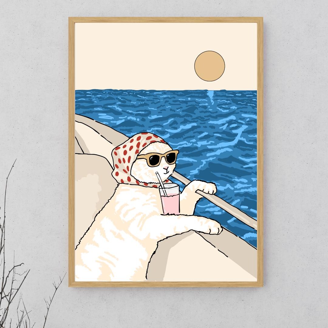 Retro Cat Summer Printable Poster | Cute Cat Hand Drawn Poster | Summer ...
