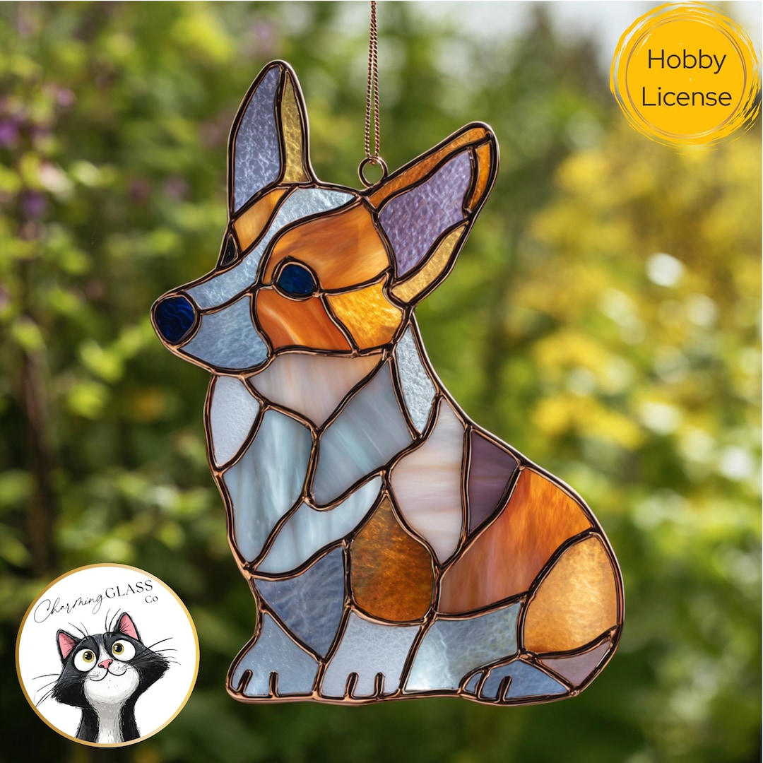 Corgi Dog Stained Glass Pattern, Corgi Puppy Suncatcher Template, DIY ...