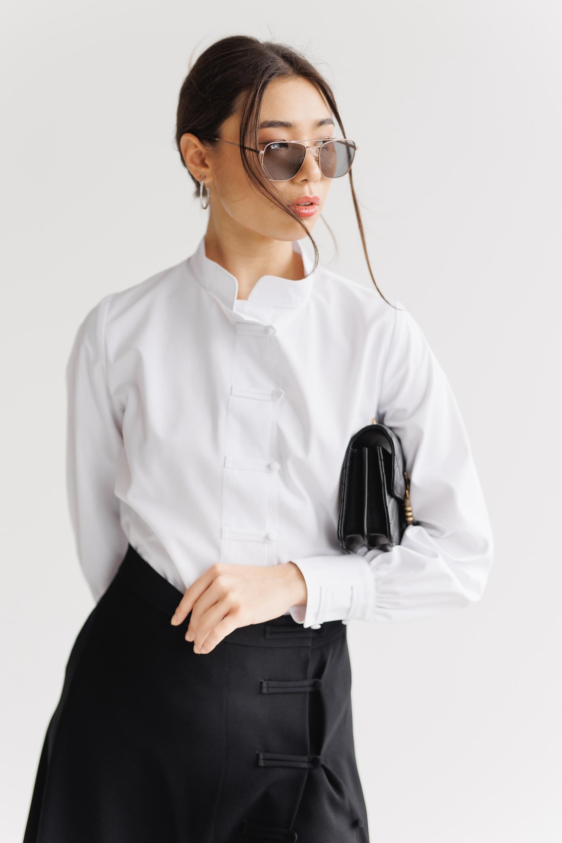 Elegant White Mandarin Collar Shirt | Knot Buttons Cotton, Elastane ...