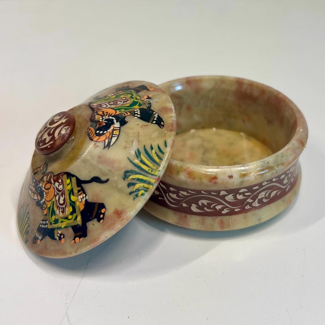 Boho Soapstone Trinket Dish With Lid: Hand-painted Elephants - Etsy
