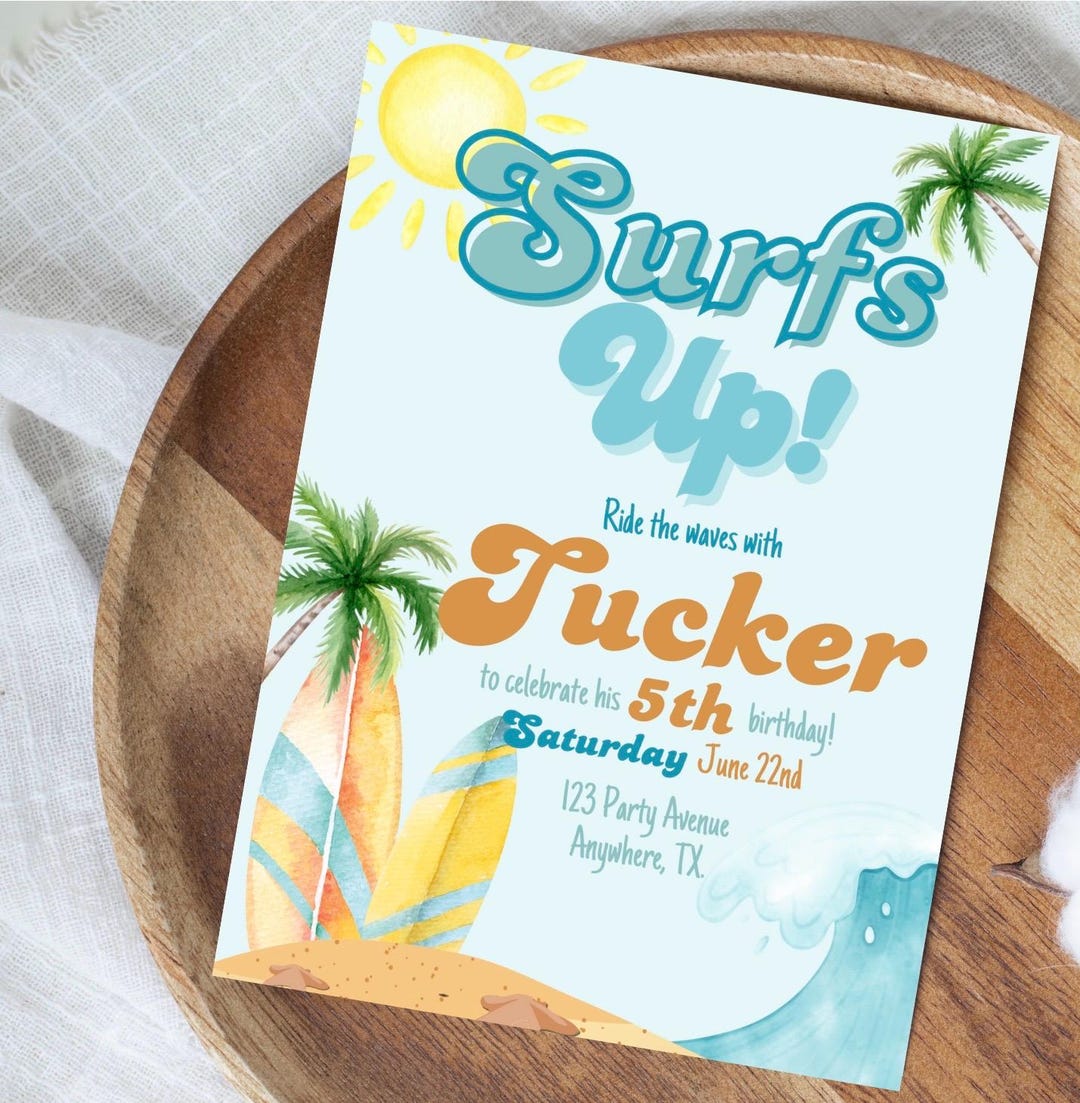 Editable Surfs up Birthday Invitation, Summer Birthday Party, Surfs Up ...
