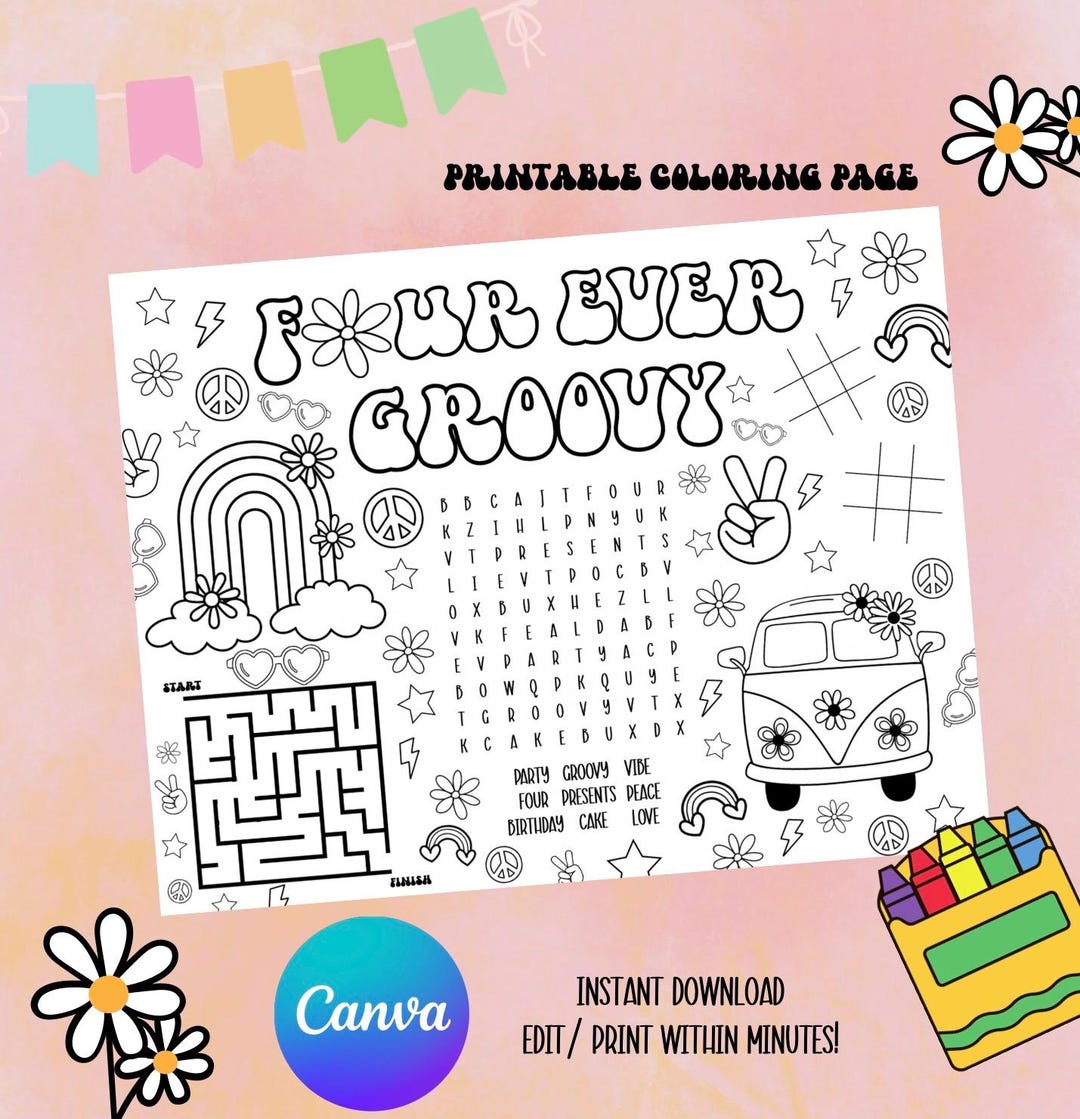 Four Ever Groovy Coloring Page: Retro Kids Activity (digital Download ...