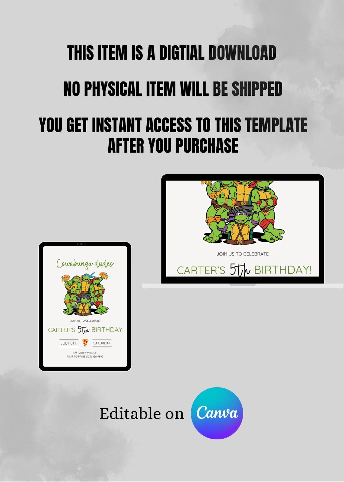 Editable Ninja Turtle Birthday Invitation, Ninja Turtle Birthday Party ...