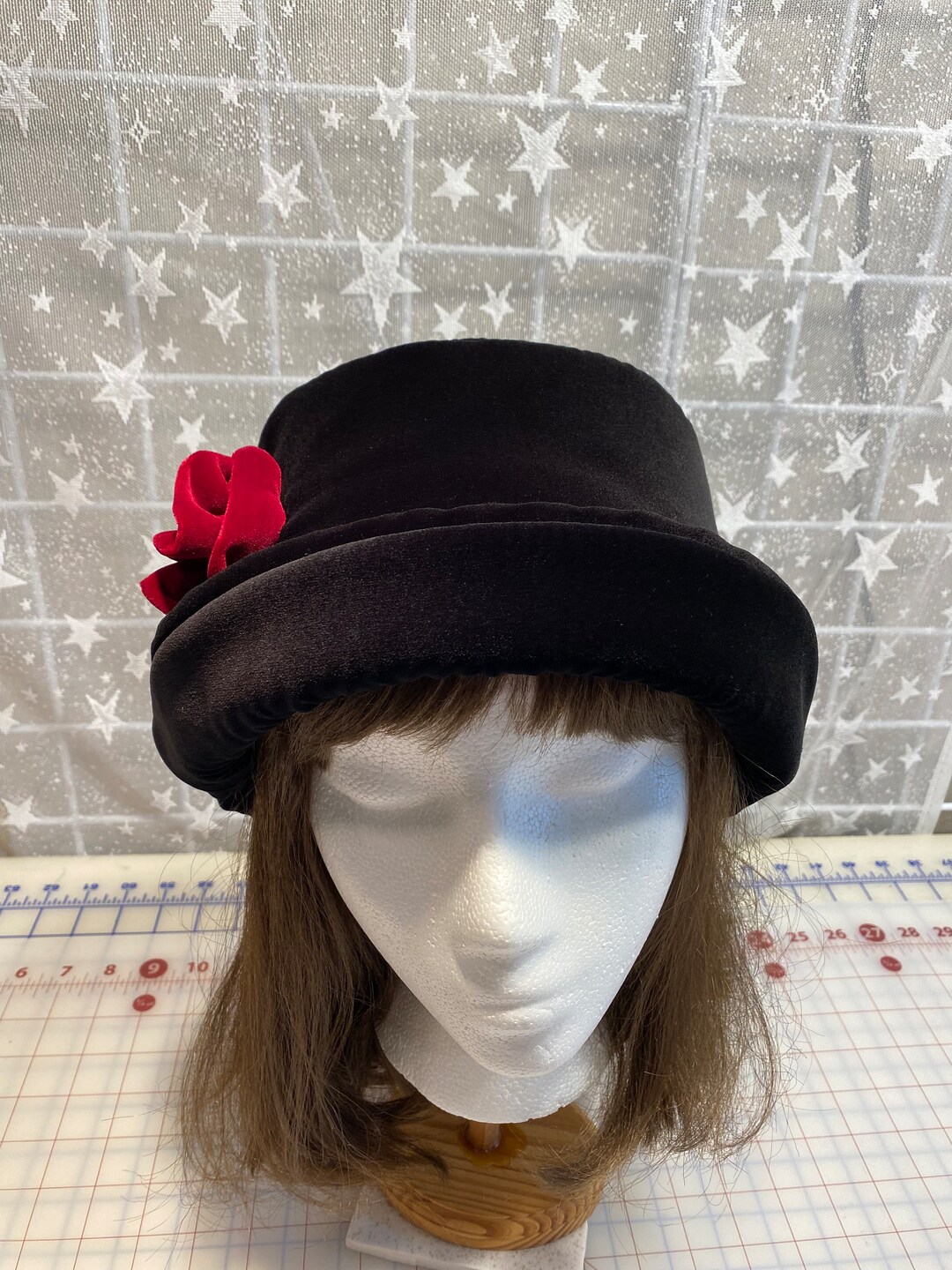 Rich Black VELVET Hat With Burgundy Velvet Rose, Women's Velvet Hat ...