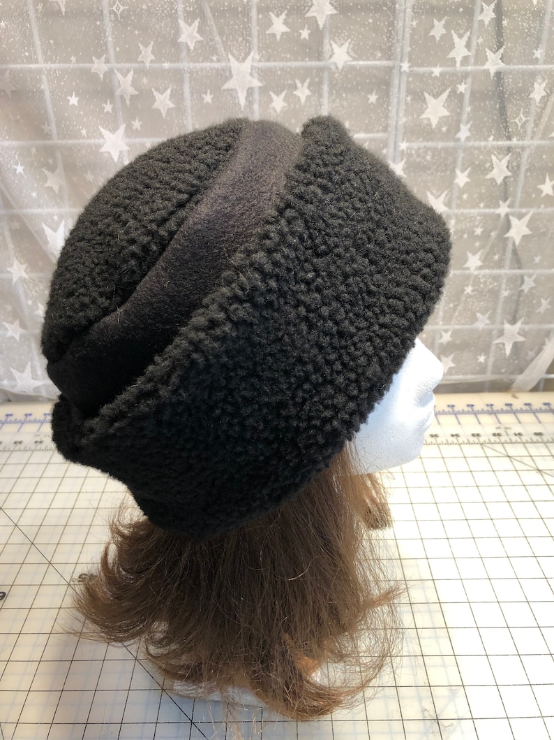 Adult BERBER PILLBOX Hat, Rich Black Nubby Berber and Fleece Hat, Women ...