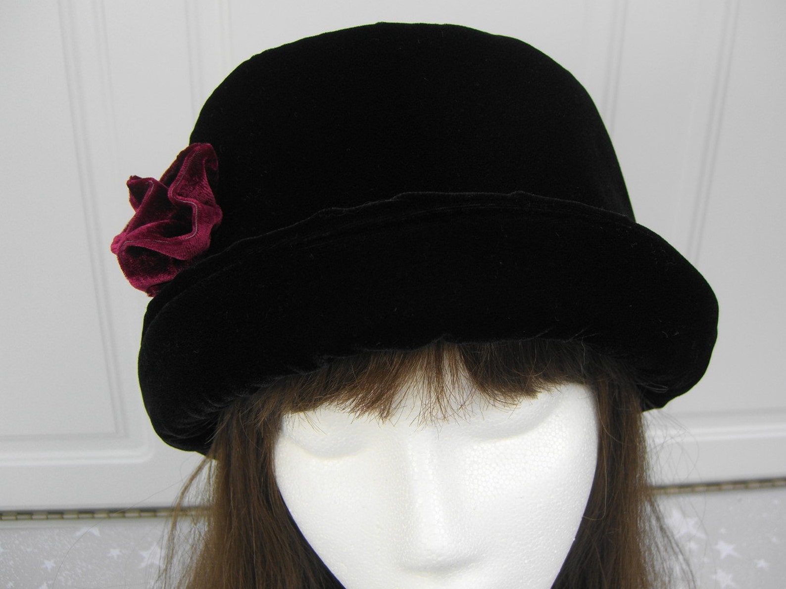 Rich Black VELVET Hat With Burgundy Velvet Rose Women's - Etsy