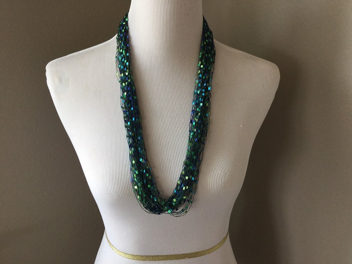 FIBER NECKLACES, Ladder Ribbon Necklace, Emerald Green Fiber Necklace ...