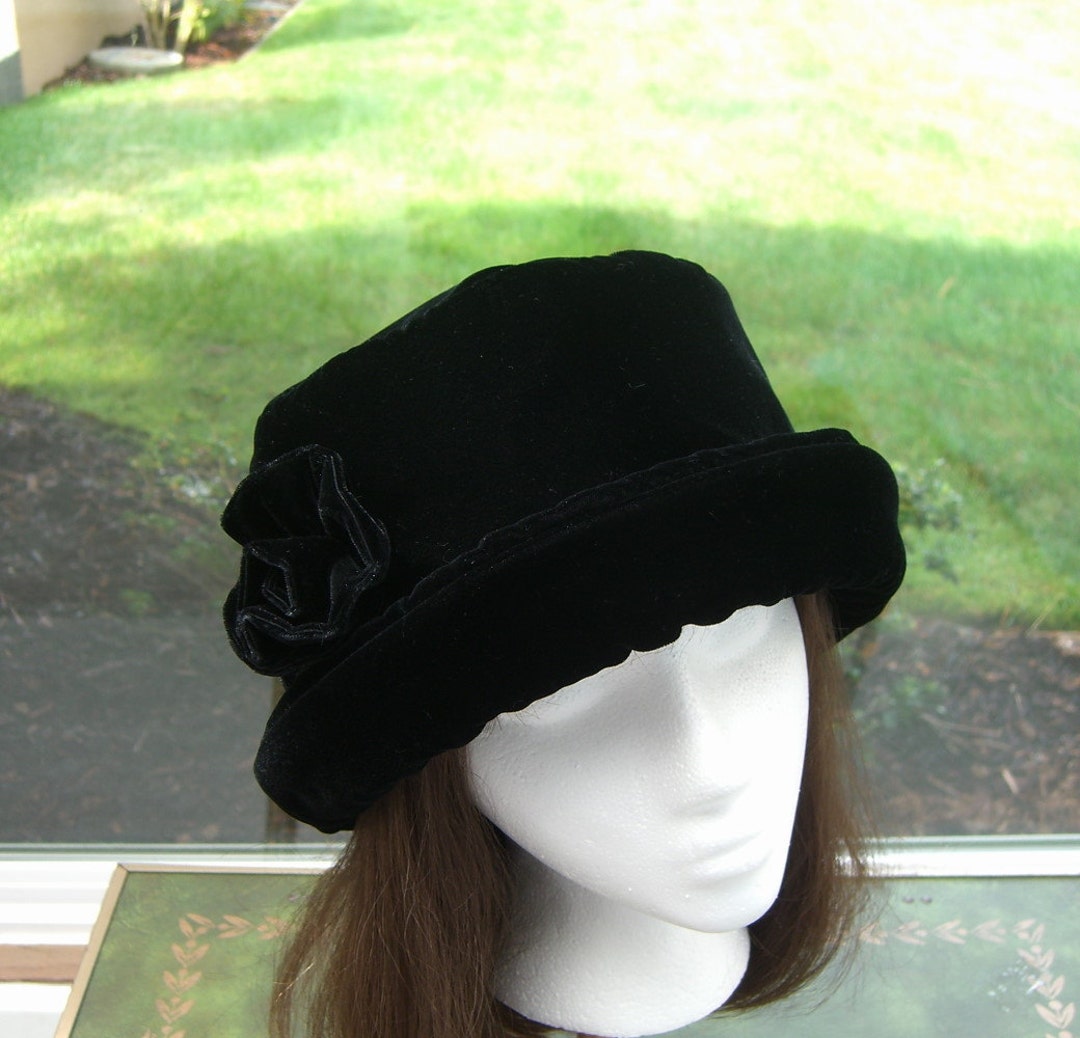 Rich Black VELVET Hat With Velvet Rose, Women's Velvet Hat, Winter ...