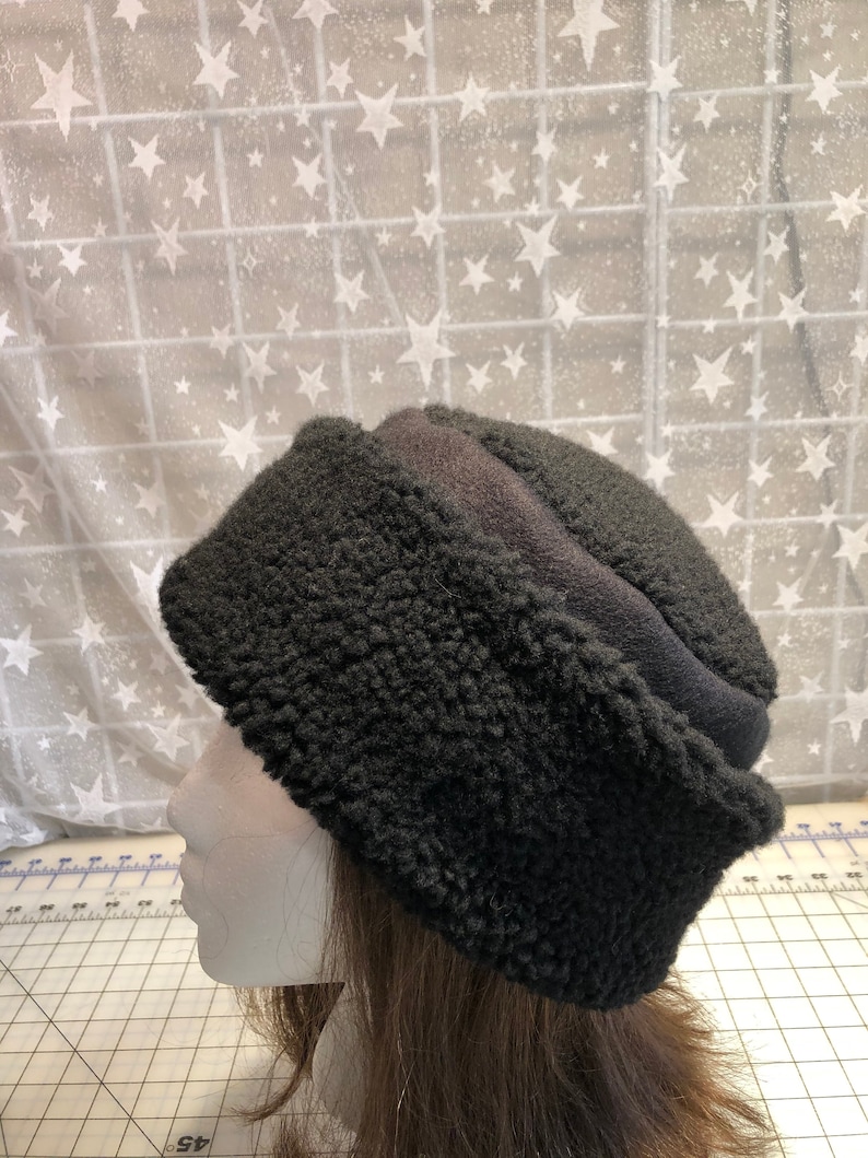 Adult BERBER PILLBOX Hat, Rich Black Nubby Berber and Fleece Hat, Women ...