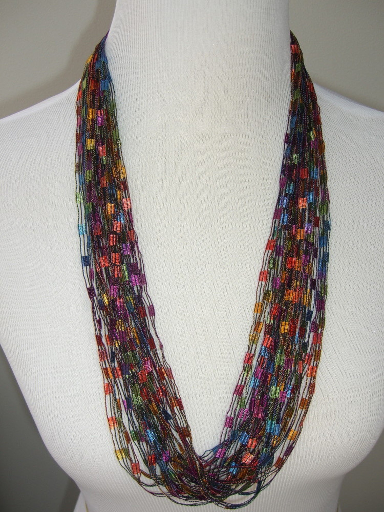 FIBER NECKLACES, Ladder Ribbon Necklace, Emerald Green Fiber Necklace ...