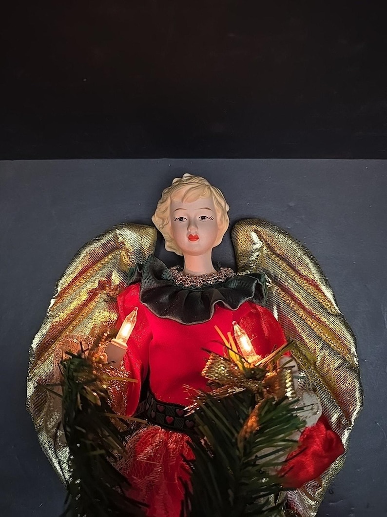VTG Lighted Angel Tree Topper 14" Porcelain Head Velvet Dress Gold ...