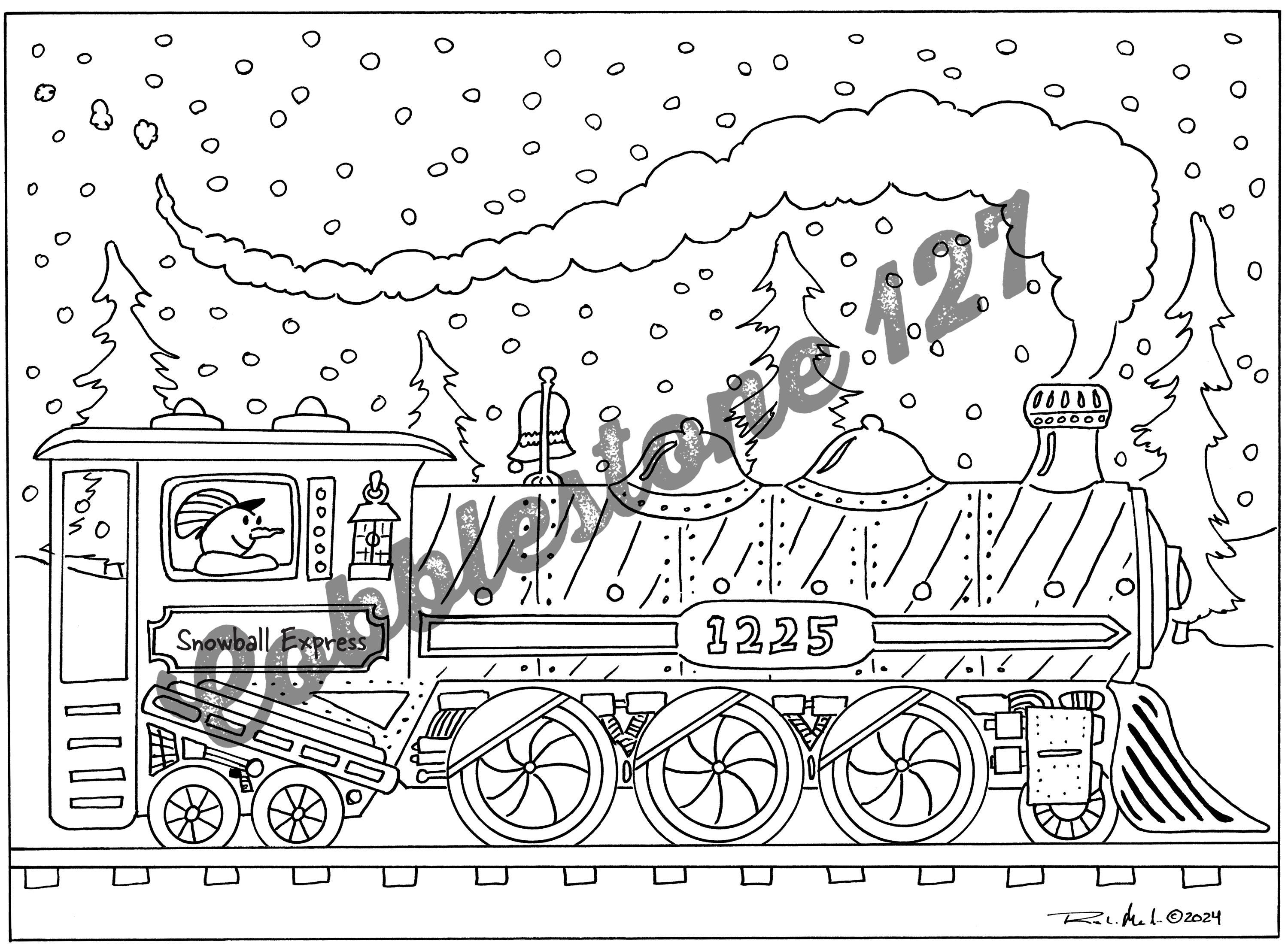 Christmas Train Coloring Page Digital Download | Snowmen | Hand Drawn ...