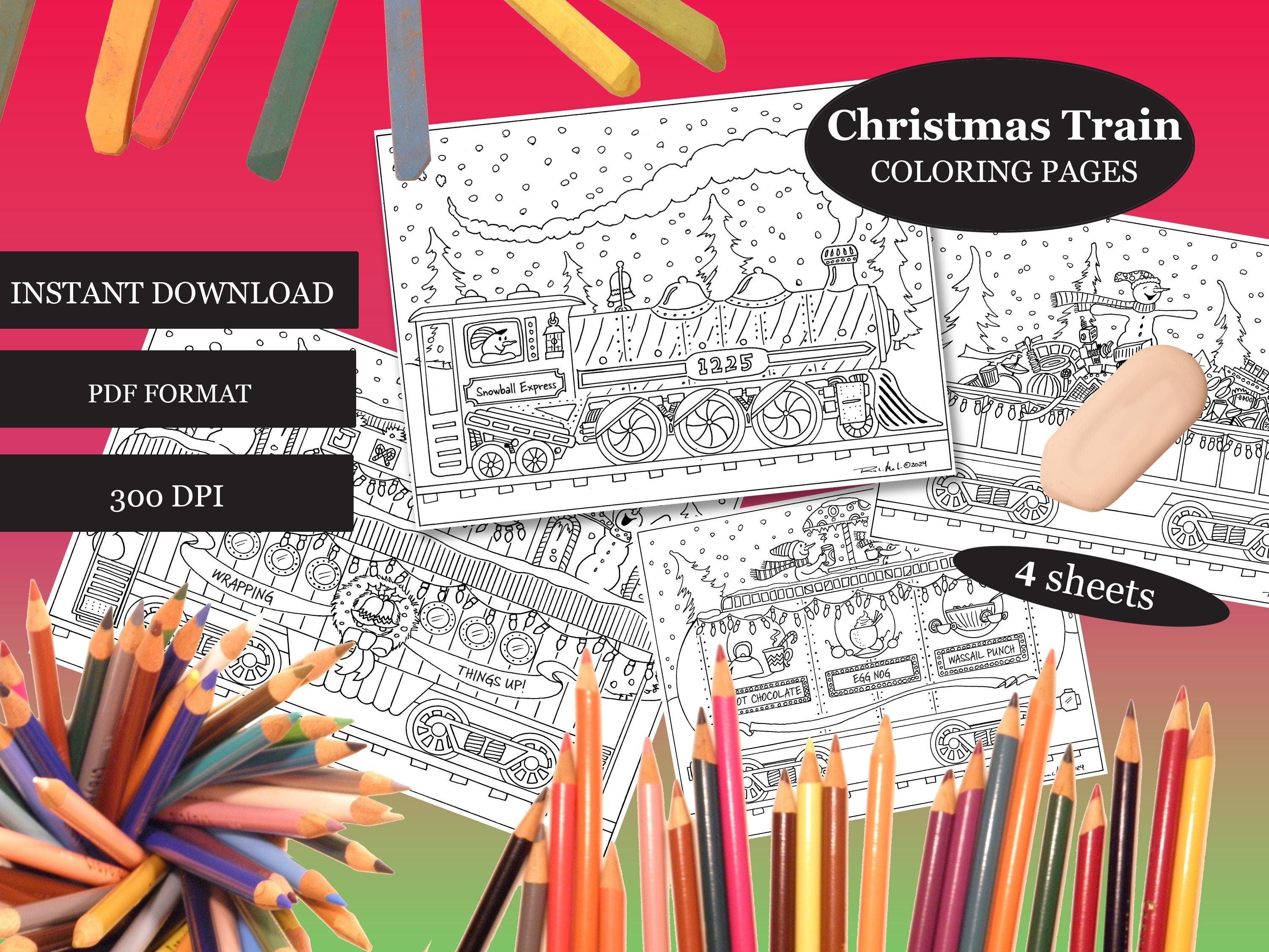 Christmas Train Coloring Page Digital Download | Snowmen | Hand Drawn ...