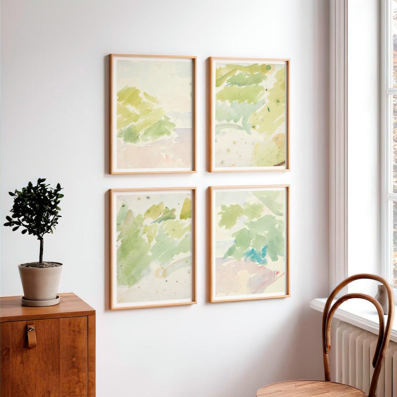 Set of 4 Light Green Watercolour Prints | Four Abstract Paintings ...