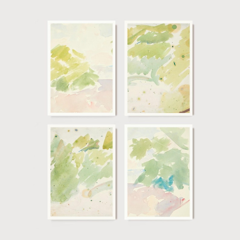 Set of 4 Light Green Watercolour Prints | Four Abstract Paintings ...