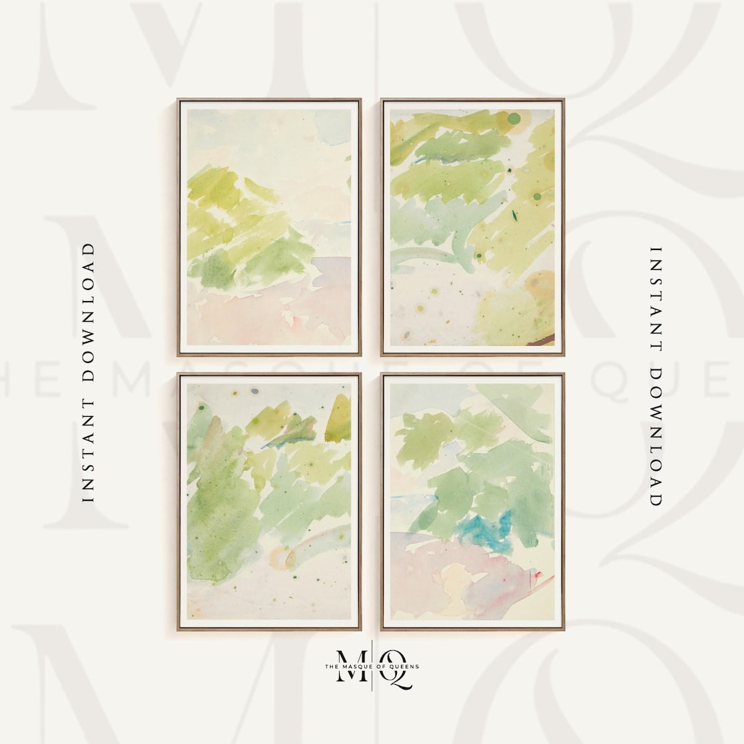 Set of 4 Light Green Watercolour Prints | Four Abstract Paintings ...