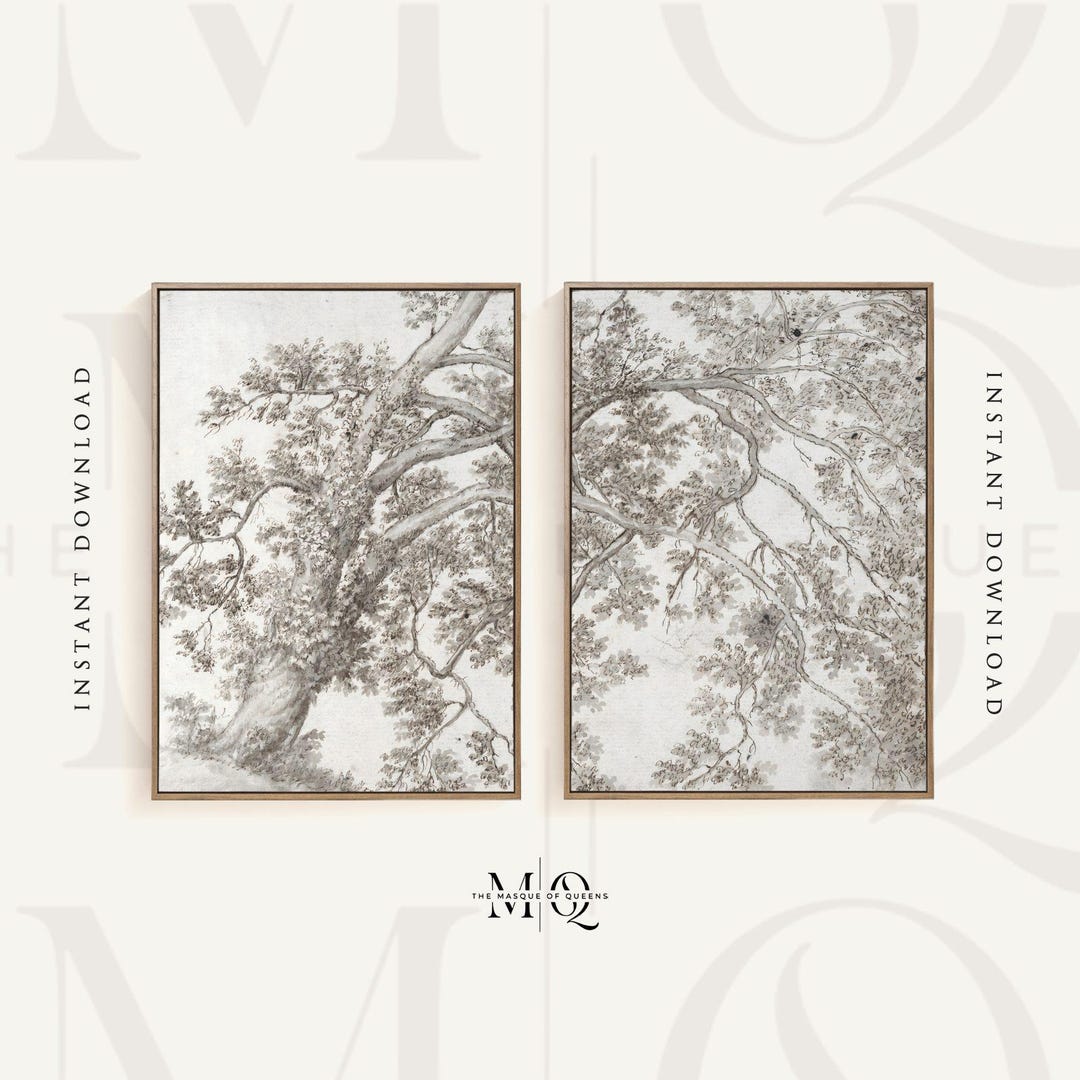Set of 2 Tree Study Drawing Prints | Two Piece Tree Sketch Set, Vintage ...