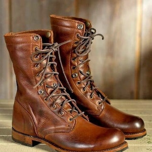 Men's Handmade Boots Military High Ankle Combat Formal Brown Leather ...