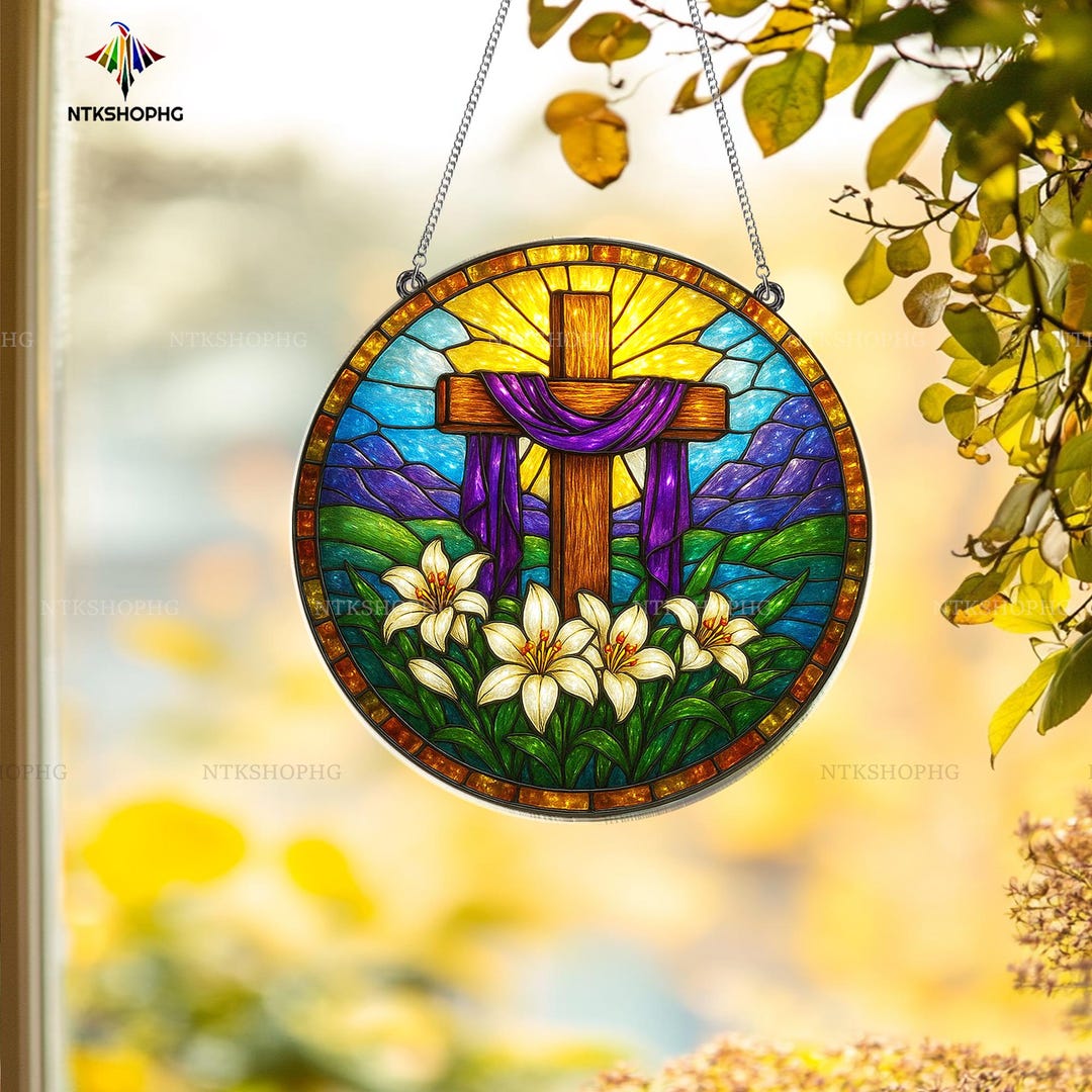 Christian Cross Suncatcher, Easter Lily Stained Glass Window Hanging ...
