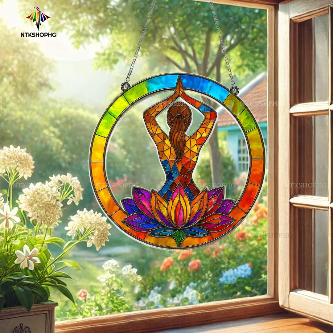 Yoga Pose Stained Glass Suncatcher, Lotus Meditation Window Hanging ...
