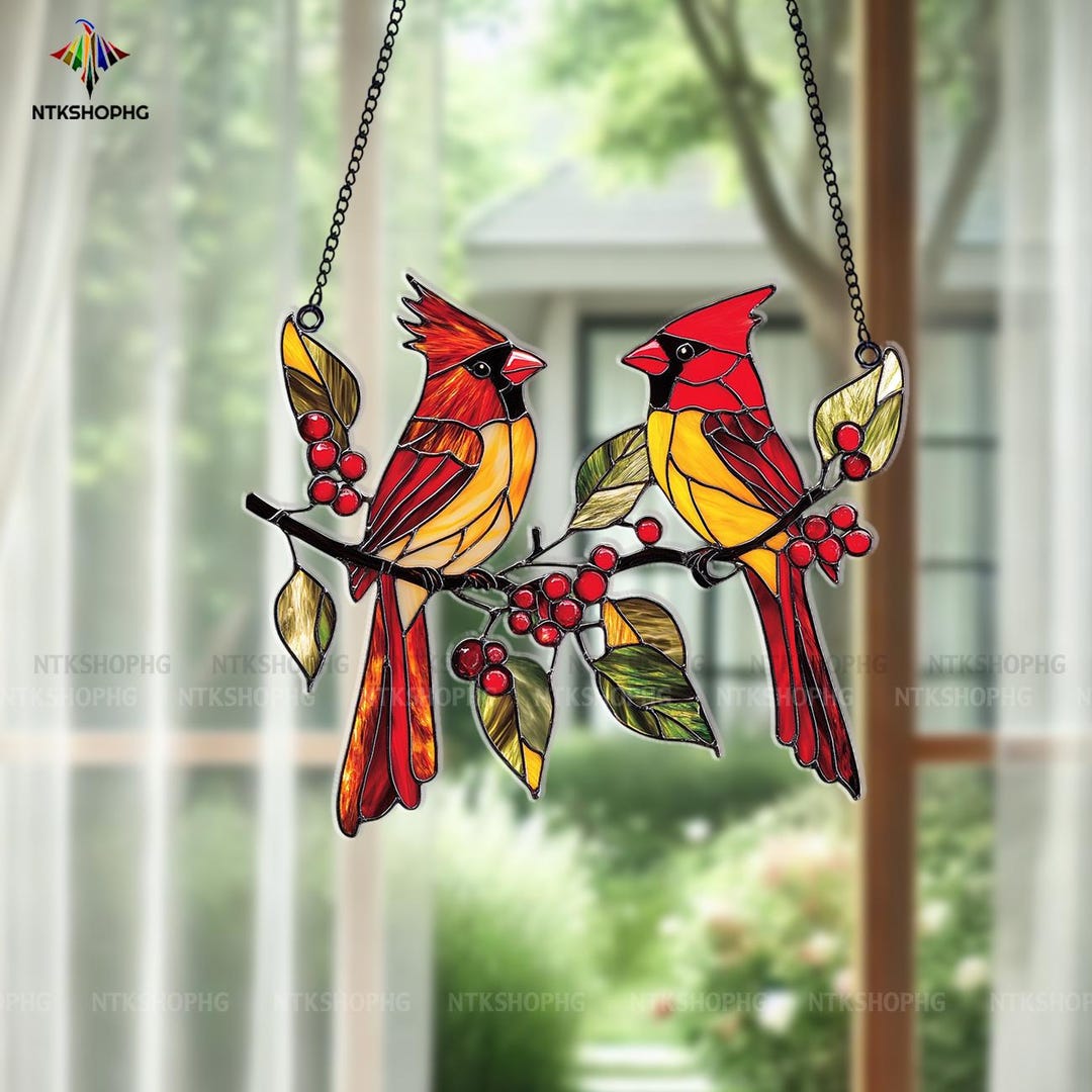 Cardinal Bird Couple Suncatcher, Red Bird Window Art, Acrylic Stained ...