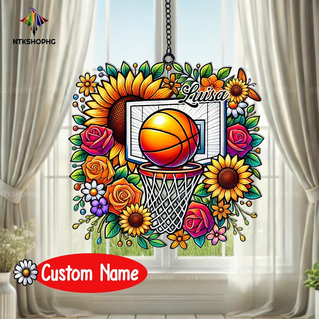 Personalized Basketball Acrylic Suncatcher, Floral Basketball Decor ...