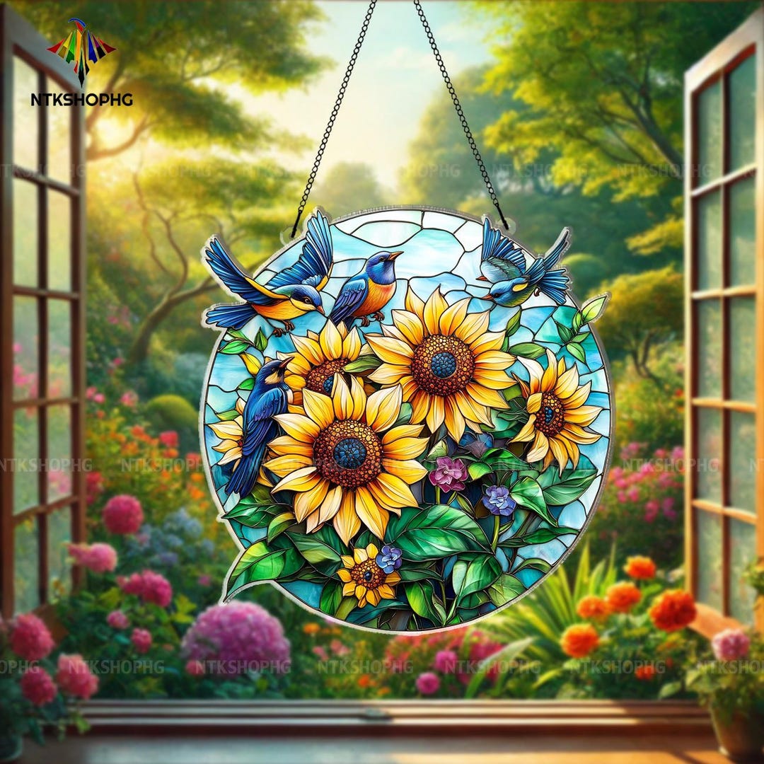 Acrylic Sunflower Window Hanging, Bird & Flower Home Decor, Beautiful ...