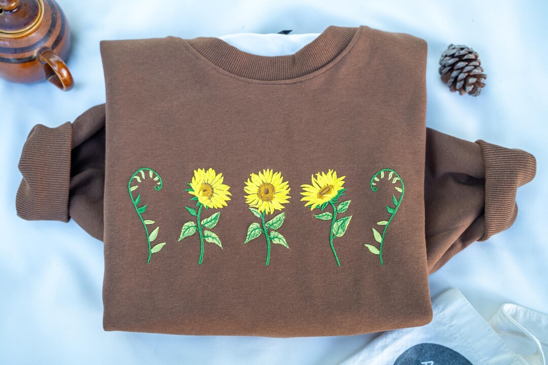 Sunflower Embroidery Sweater, Embroidery Sweatshirt, Brown Sweatshirt ...