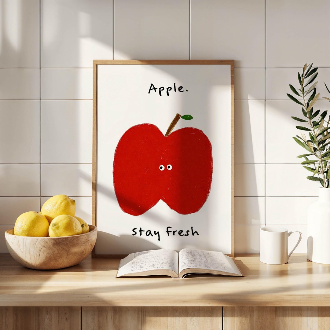 Red Apple Stay Fresh Prints, Digital Download, Pastel Drawing, Minimal ...