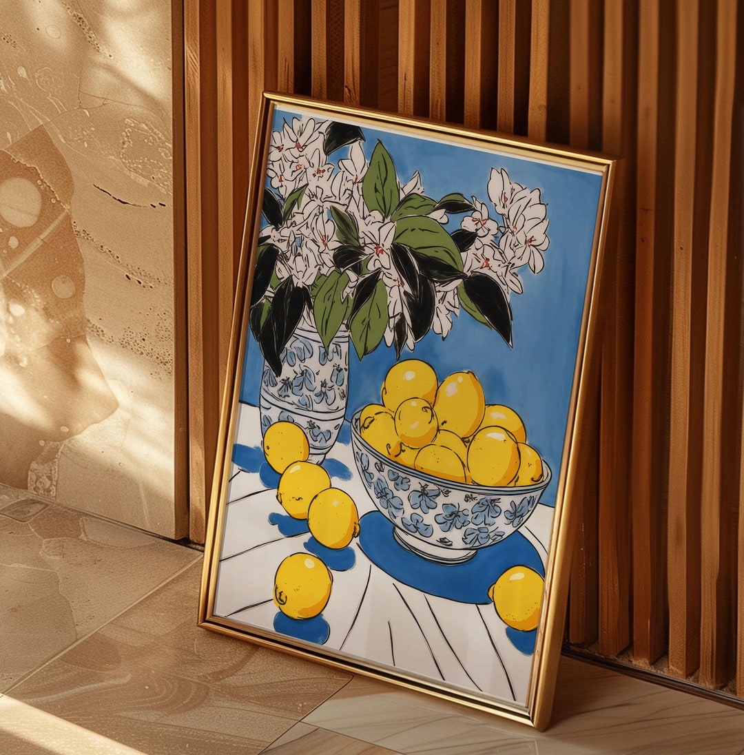 Blue Kitchen Prints, Digital Print, Lemon Ink Drawing, Floral Wall Art ...