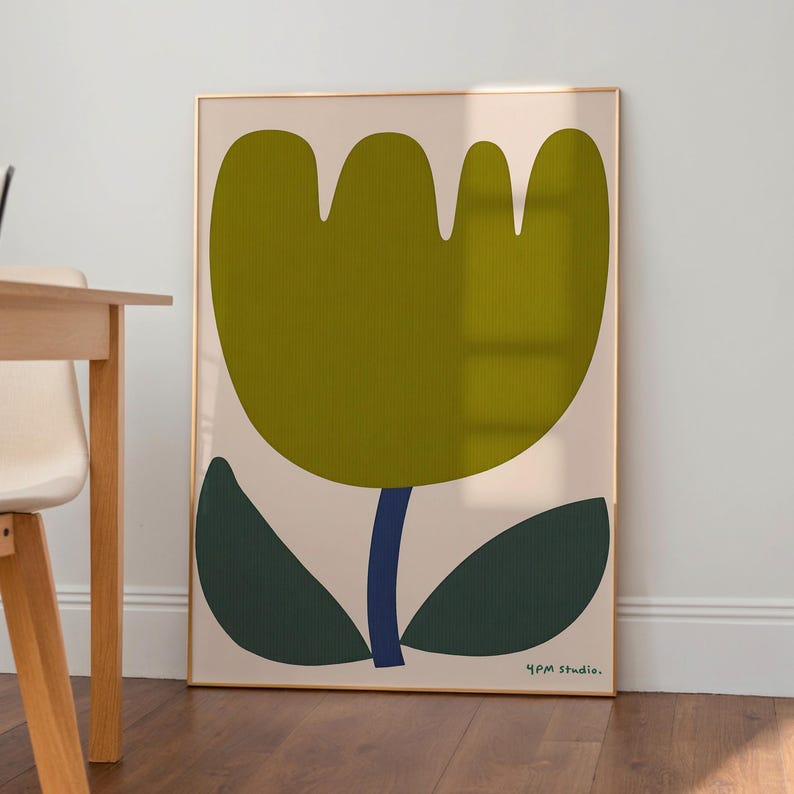 Green Tulip Prints, Digital Download, Pastel Drawing, Minimal Design ...