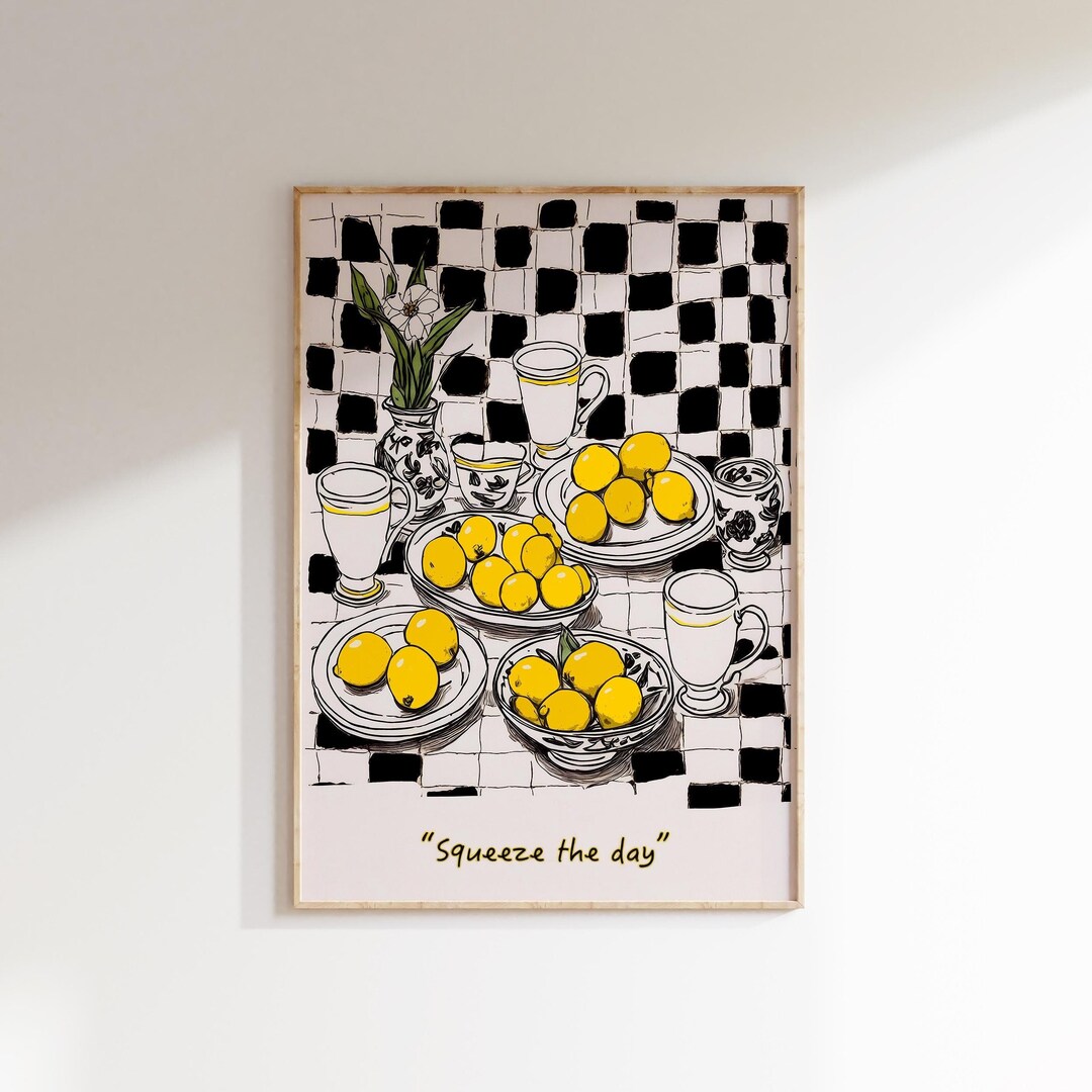 Squeeze the Day Print, Lemon Ink Drawing, Floral Wall Art Gift ...