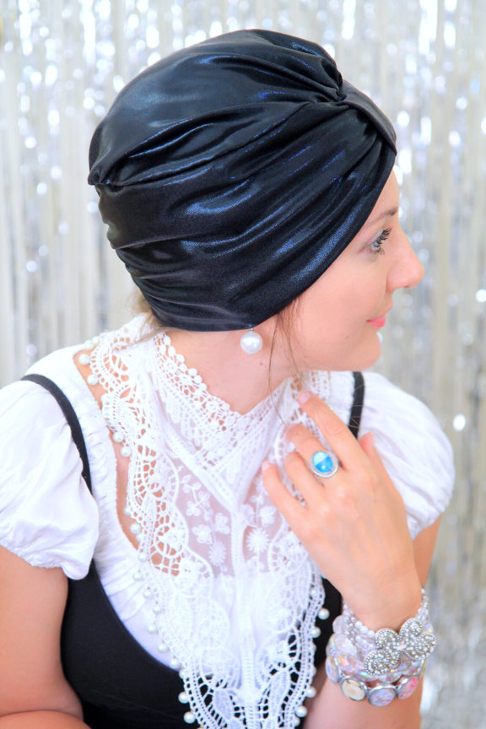 Fashion Turban Hat in Black Metallic - Headwrap Turbans for Women by ...