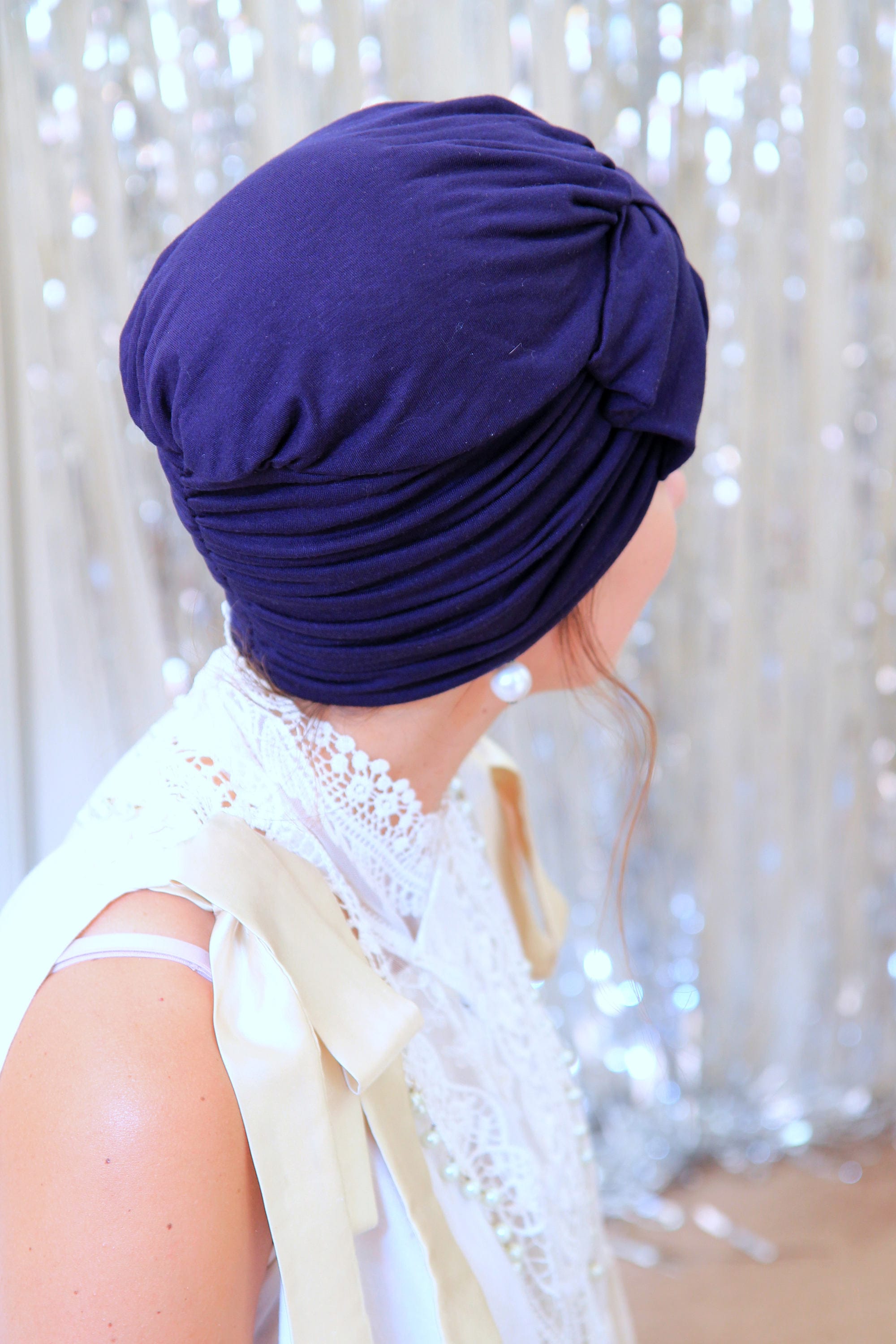 Navy Blue Turban With Bow - Fashion Turbans for Women - Full Turban ...