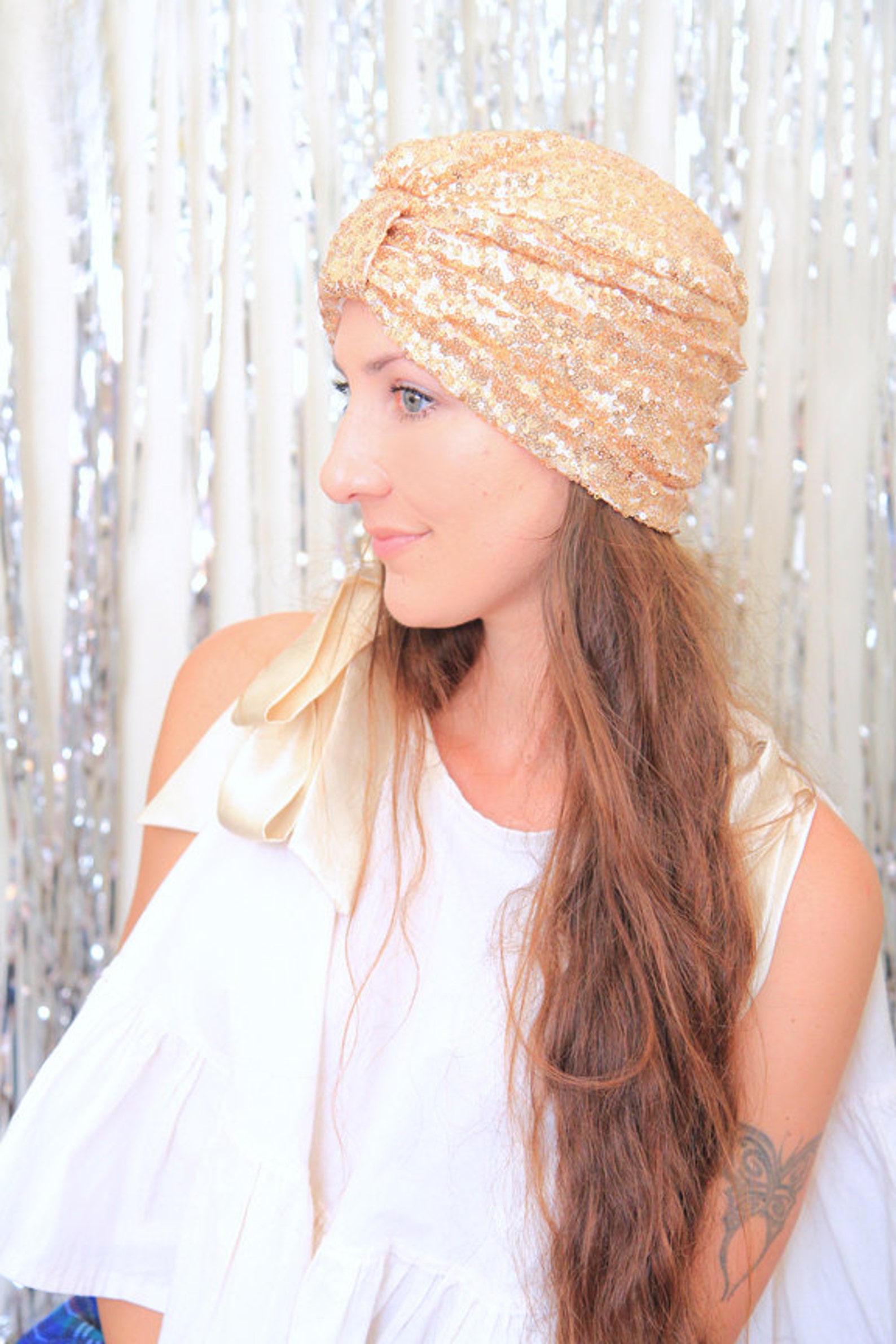 Fashion Turban in Light Gold Sequins - Sparkly Bohemian Style Hair Wrap ...
