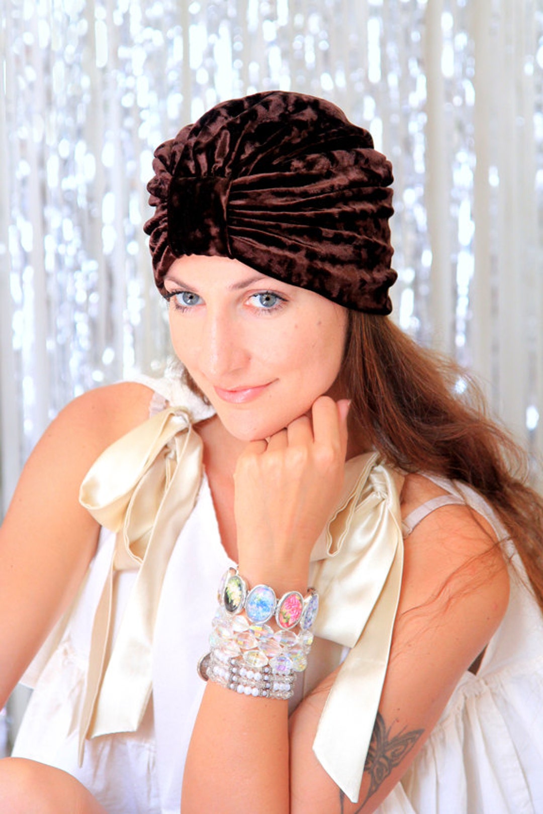 Turban Hat in Chocolate Brown Crushed Velvet - Fashion Hair Wrap - Lots ...