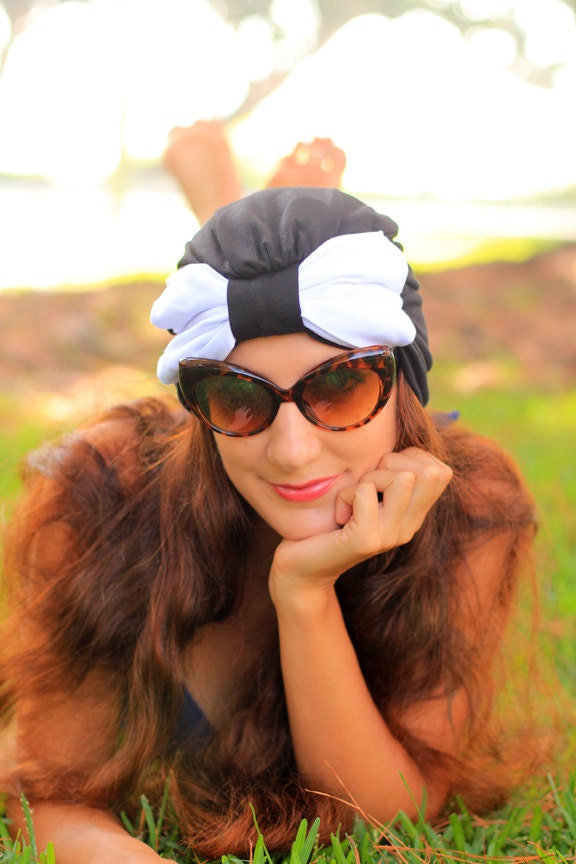 Turban With Bow - Black and White Hair Wrap in Jersey Knit - Women's ...