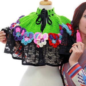 Women's Cape With Flowers - Black Lace and Bright Green Wrap - Avant ...