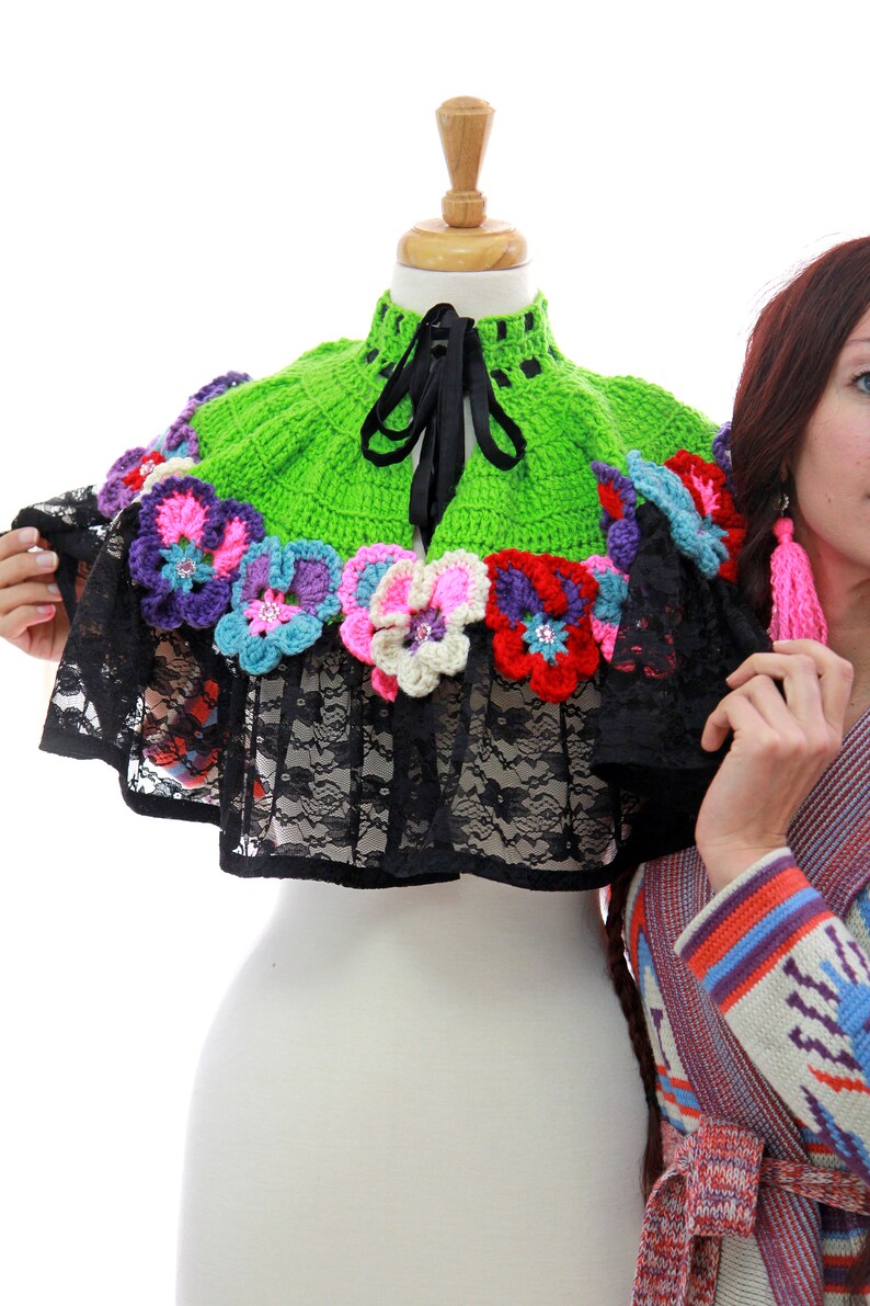 Women's Cape With Flowers - Black Lace and Bright Green Wrap - Avant ...