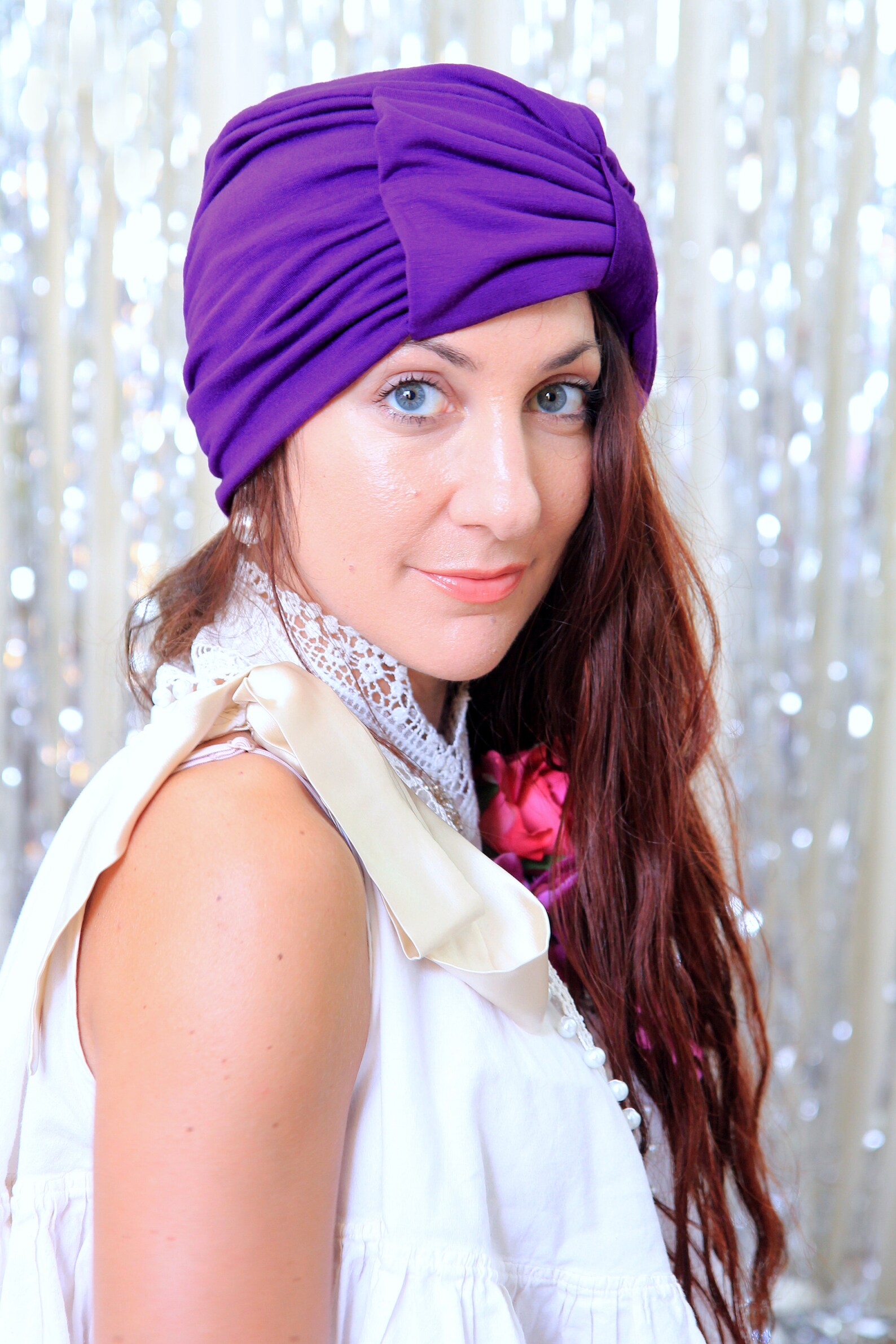 Turban With Bow - Womens Purple Turban Headwrap - Fashion Hair Covering ...