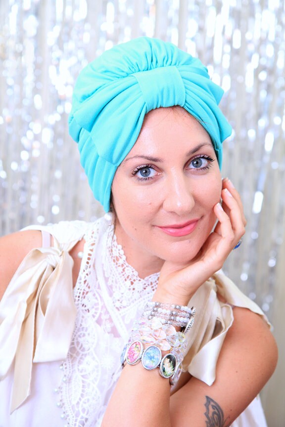 Hair Turban With Bow in Caribbean Sea Blue - Light Teal Jersey Knit ...