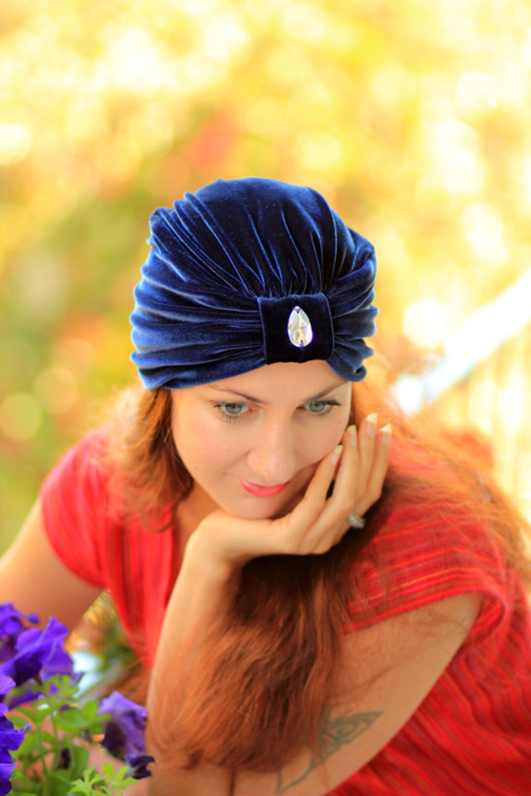 Velvet Turban Hat - Women’s Fashion Hair Wrap in Navy Blue - Bohemian ...