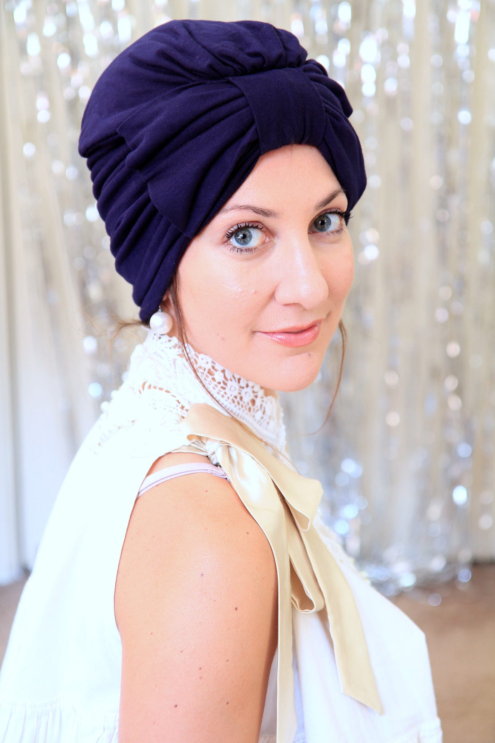 Navy Blue Turban With Bow - Fashion Turbans for Women - Full Turban ...