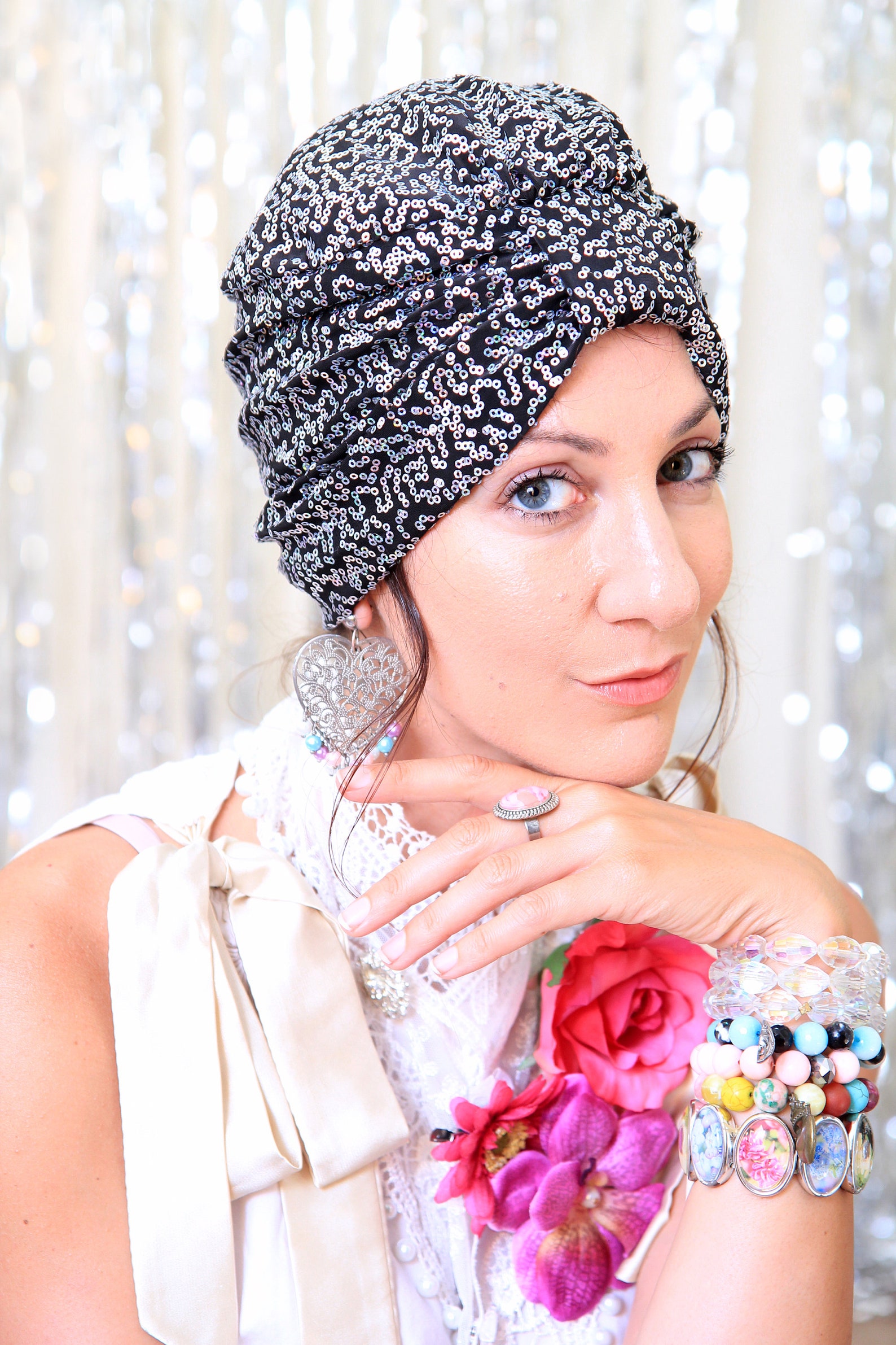 Sequin Turban in Silver and Black - Women's Turban Headwrap - Full ...