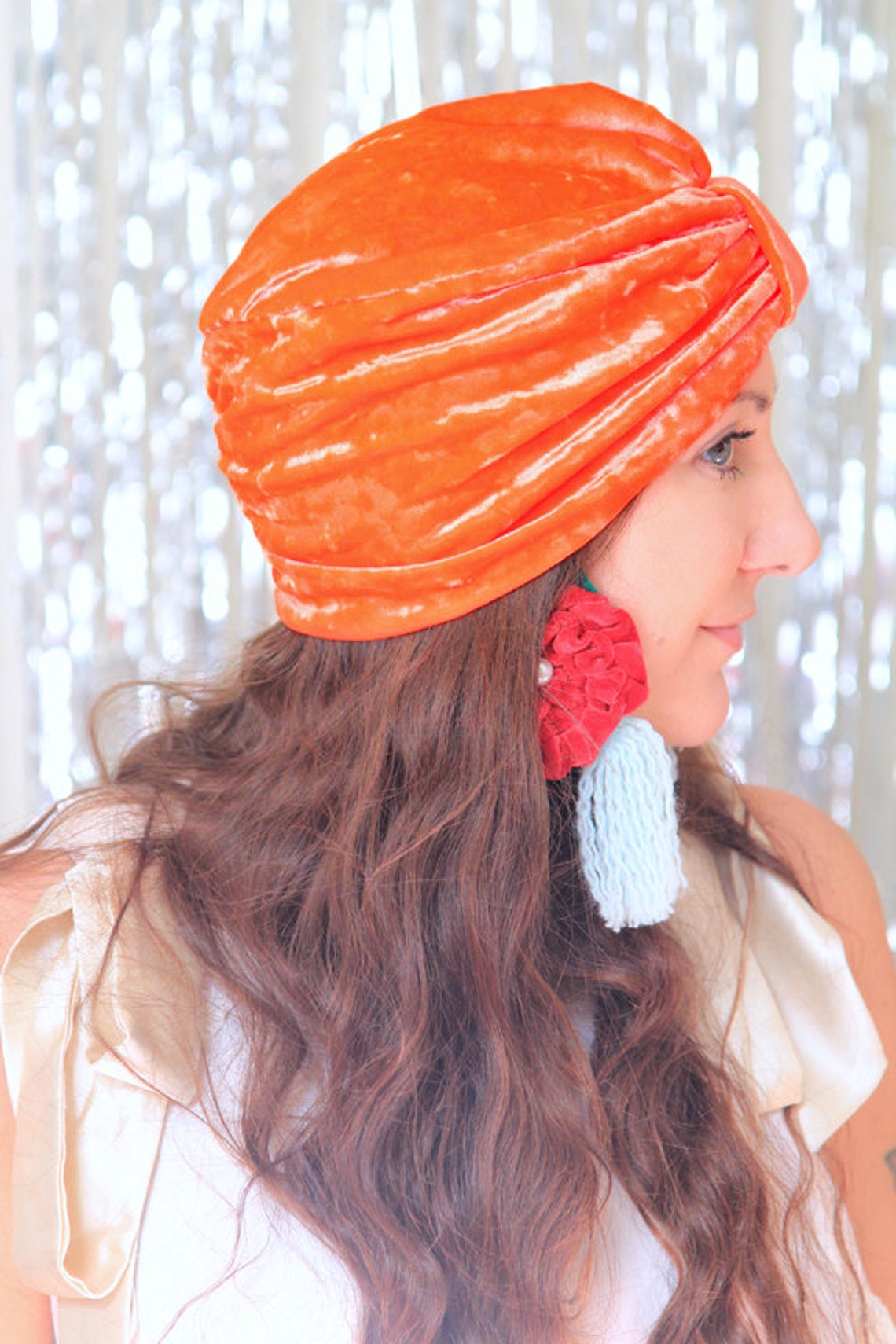 Orange Turban Hat Crushed Velvet Hair Turbans Bohemian | Etsy