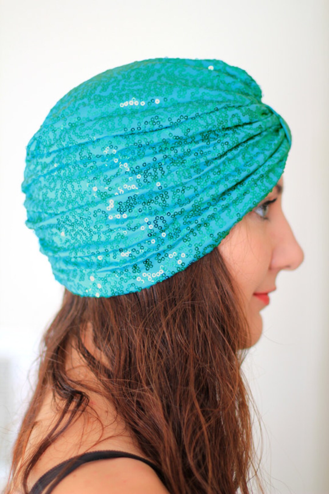 Aquamarine Sequin Turban - Women's Full Turban Hat or Hair Wrap With ...