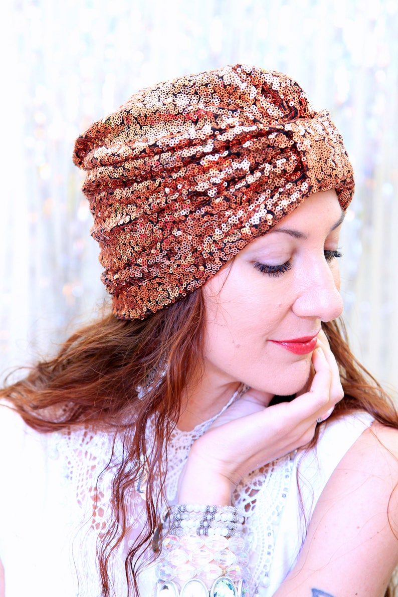 Sequin Turban Hat in Copper - Women's Hair Turbans - Mardi Gras Fashion ...