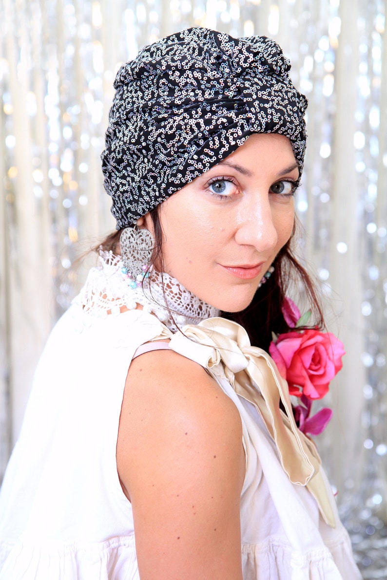 Sequin Turban in Silver and Black - Women's Turban Headwrap - Full ...