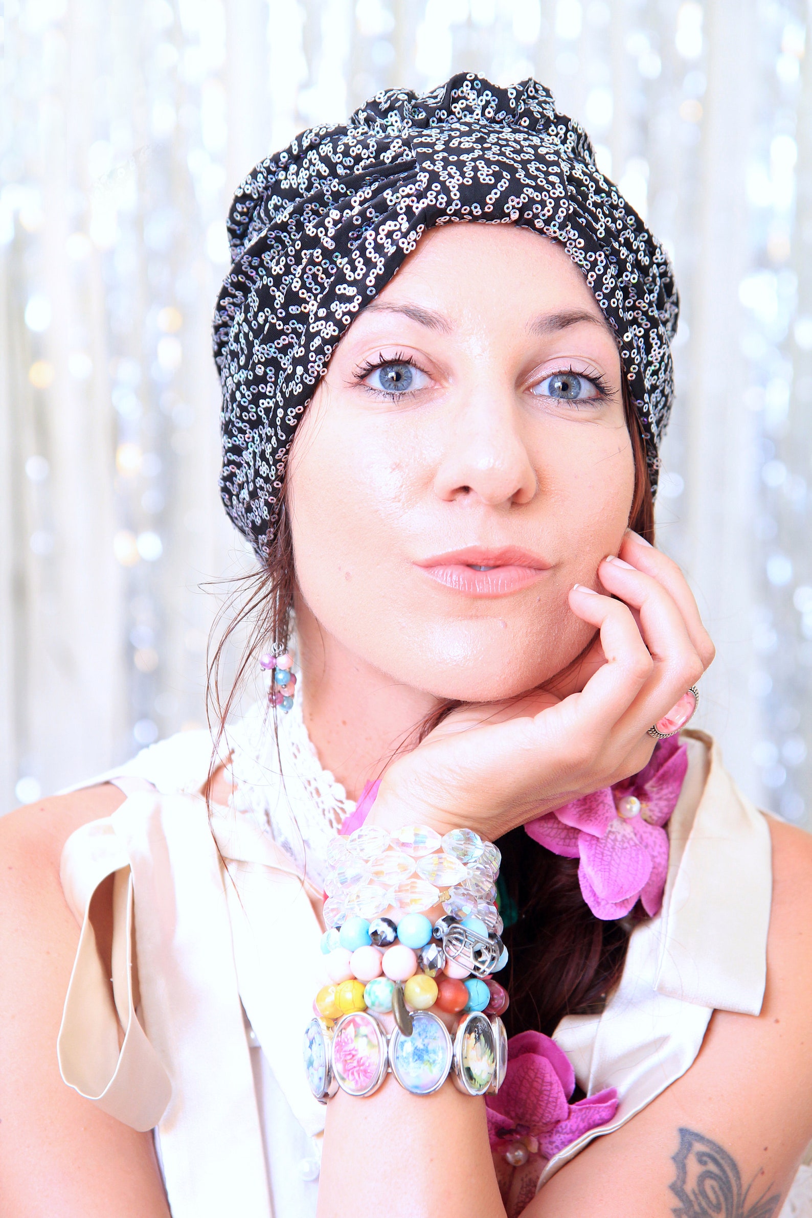 Sequin Turban in Silver and Black - Women's Turban Headwrap - Full ...