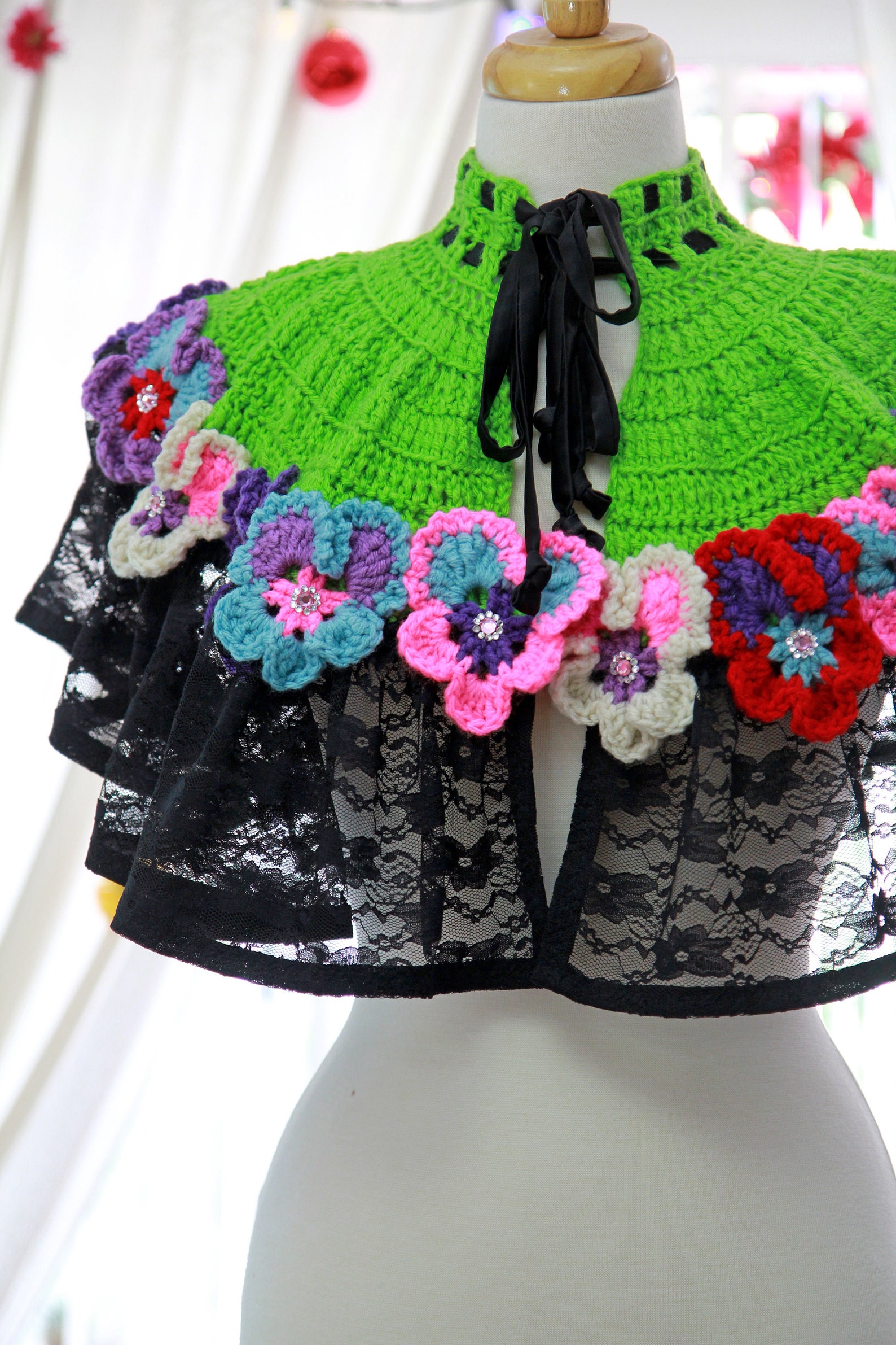 Women's Cape With Flowers Black Lace and Bright Green | Etsy